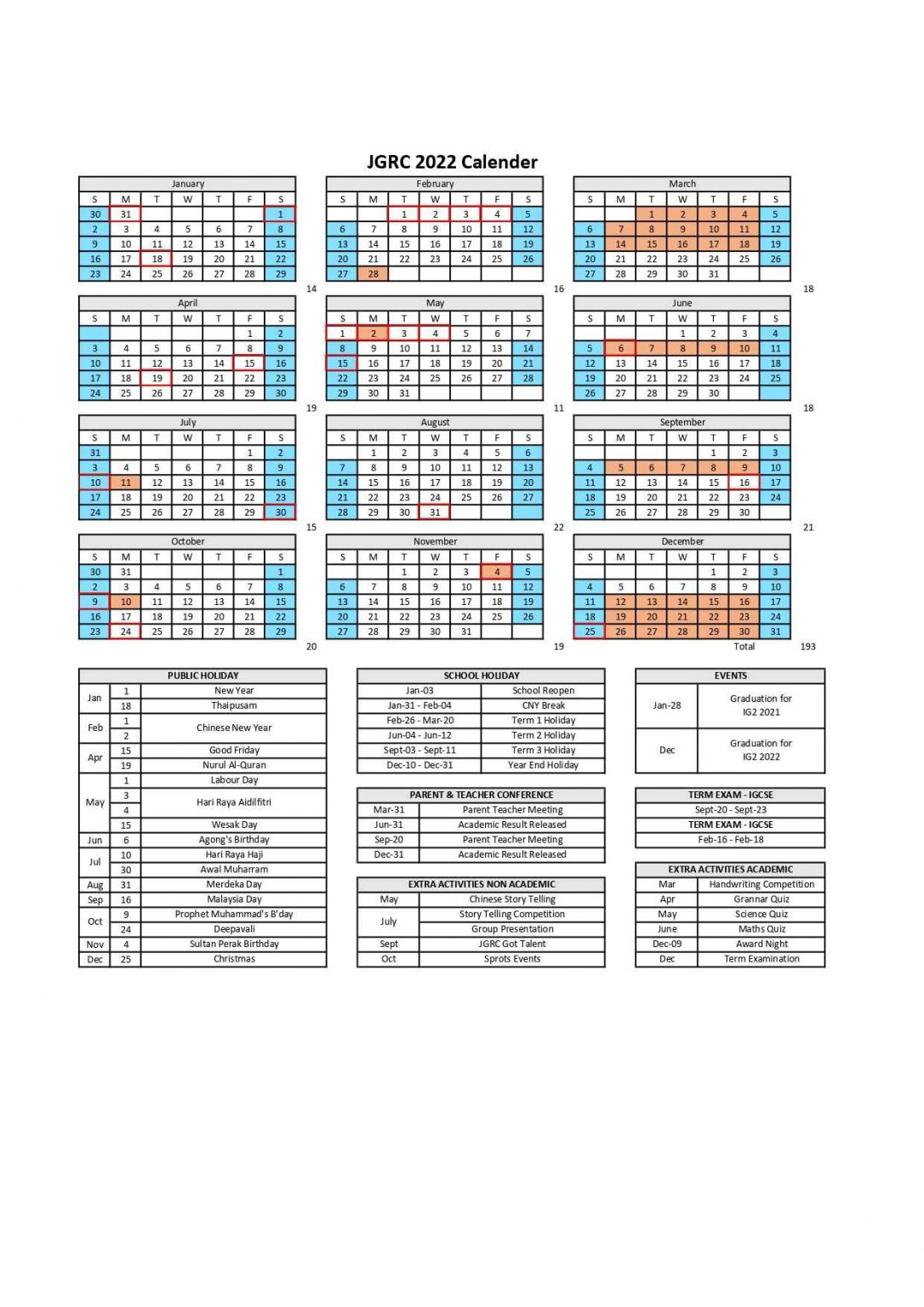 School Calender – Joyous Glorious Resource Centre