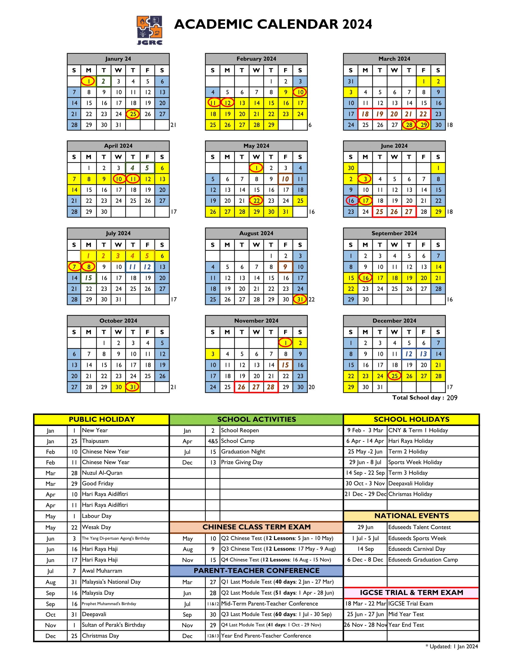 School Calender – Joyous Glorious Resource Centre